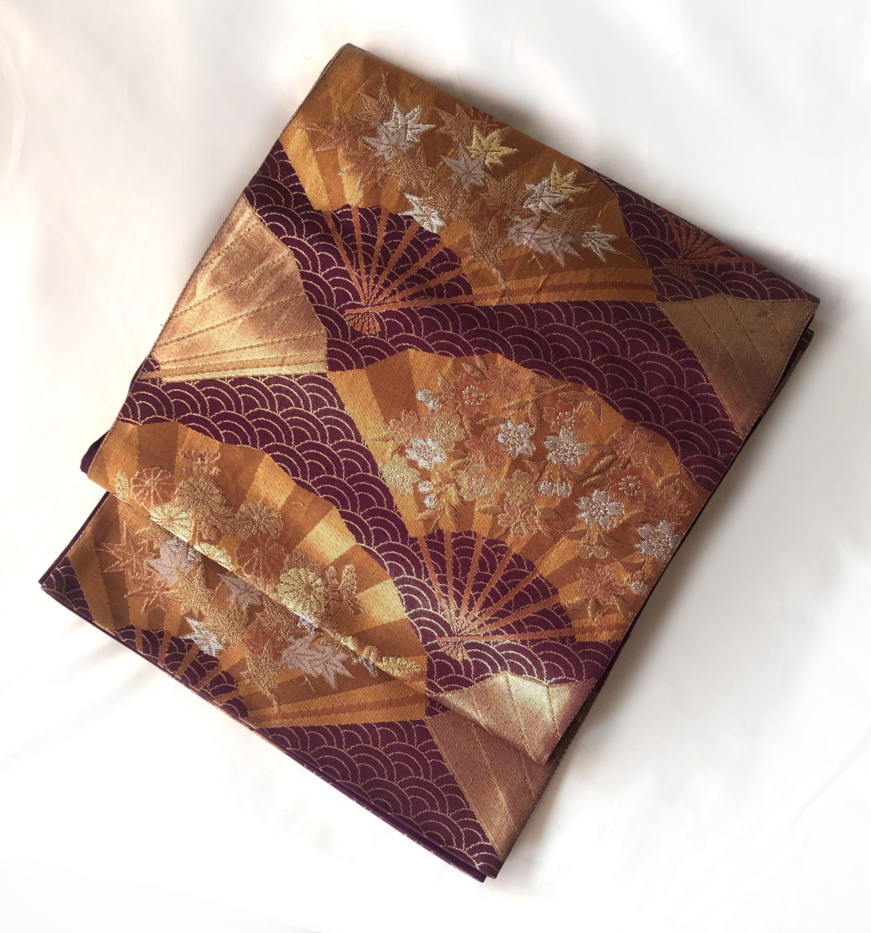 Fukuro obi - dark purple with bronze and gold hand fans pattern ...